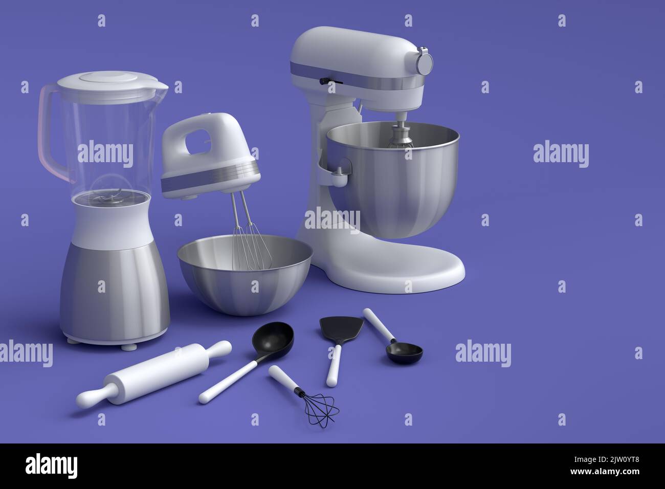 Mixer with kitchen utensil for preparation of dough on violet ...