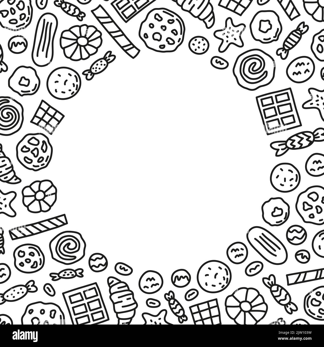 Poster with outline doodle cookies, waffles and candies on white ...