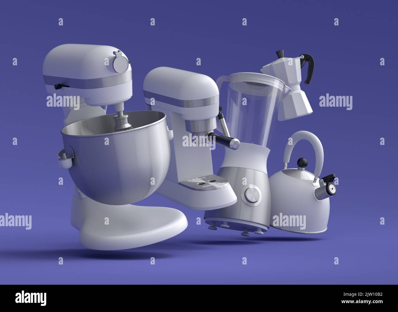 Electric kitchen appliances and utensils for making breakfast on violet ...