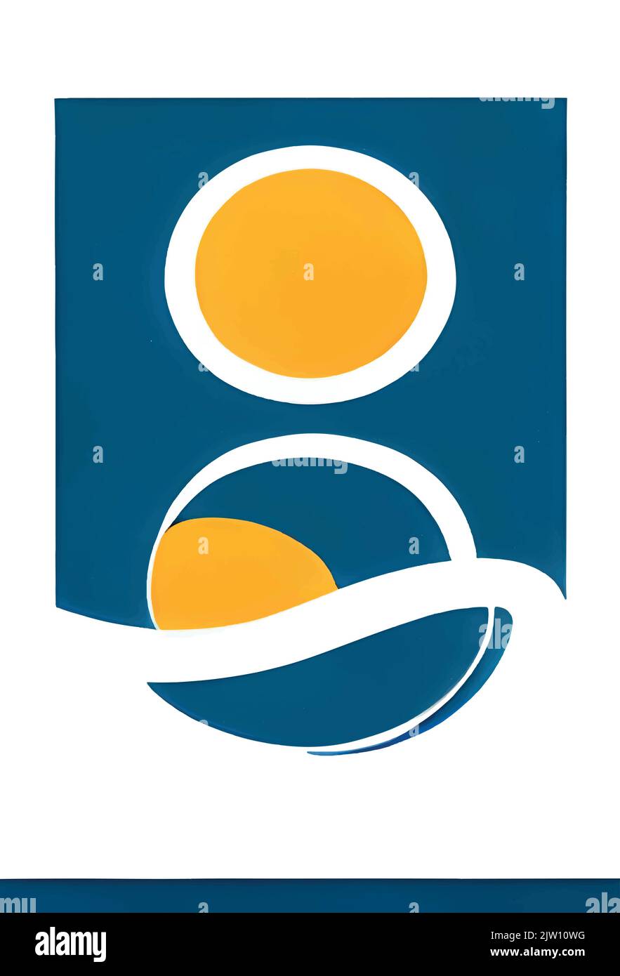 A logo of two circles in a blue rectangle with stripes on the bottom in ...