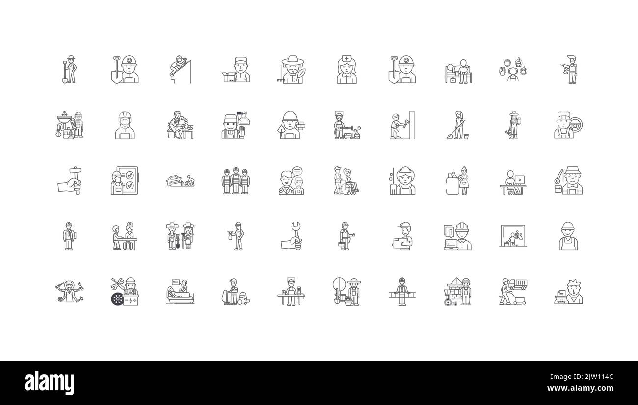 Working people concept illustration, linear icons, line signs set ...