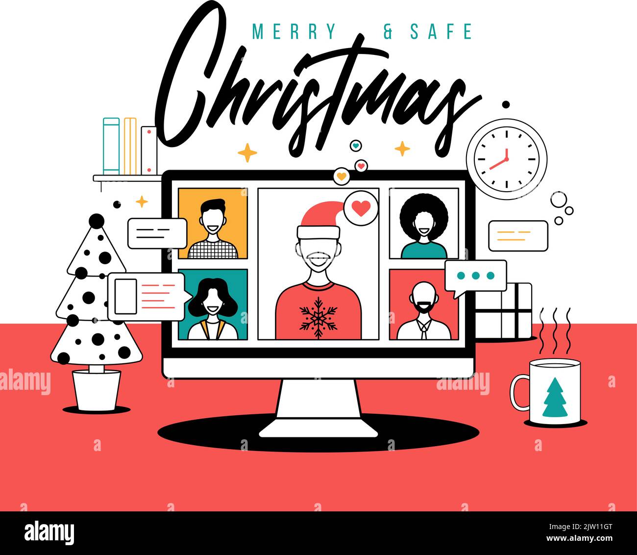 Christmas online greeting in outline style. people meeting online ...