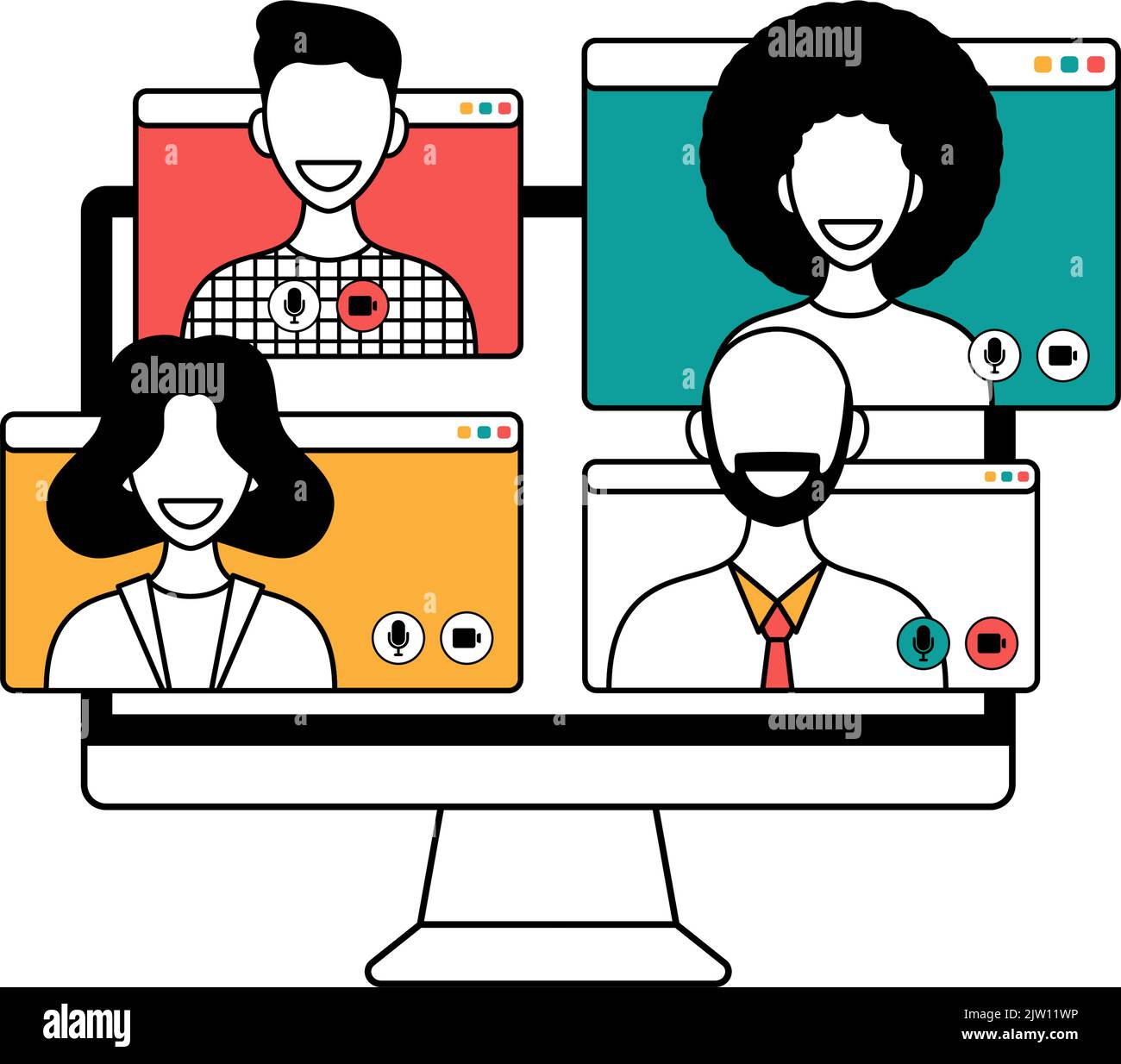 Online video conference concept. Illustration of Faces on Video ...