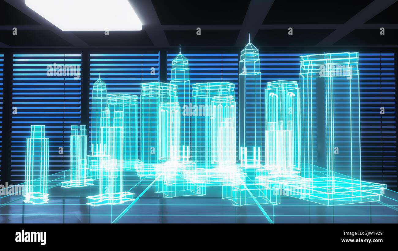 a city skyscraper simulation as a hologram (3d rendering Stock Photo ...