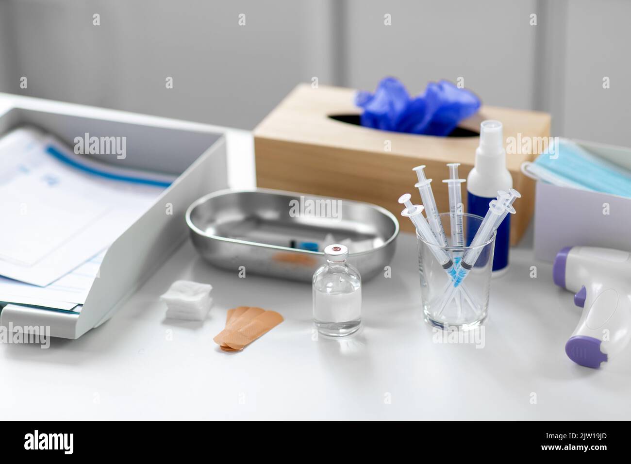 syringes, medicine and other stuff on table Stock Photo - Alamy
