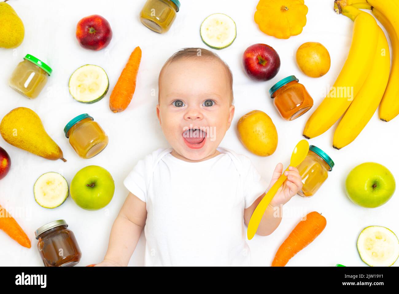 Puree for baby food with vegetables and fruits. Selective focus ...