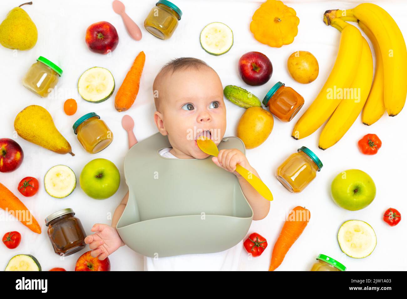 Puree for baby food with vegetables and fruits. Selective focus ...