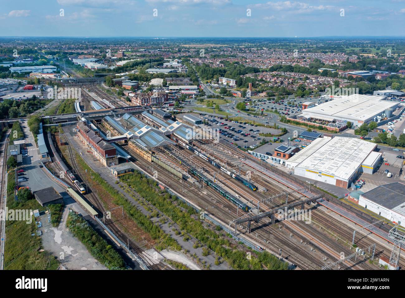 Crewe station from above as a Avanti Pendolino heads to London Euston ...
