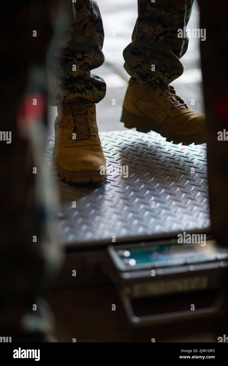 A U.S. Marine with 3d Marine Division weighs in with their gear in ...