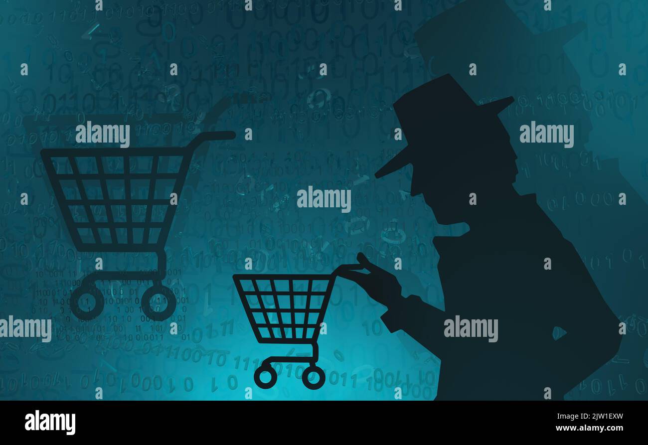 Cyberspace detective shadow figure shopping basket, blue color, virtual ...