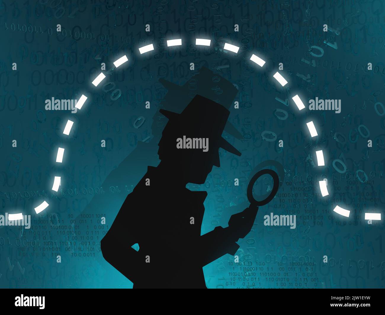 Cyberspace detective shadow figure pass above, blue color, virtual ...