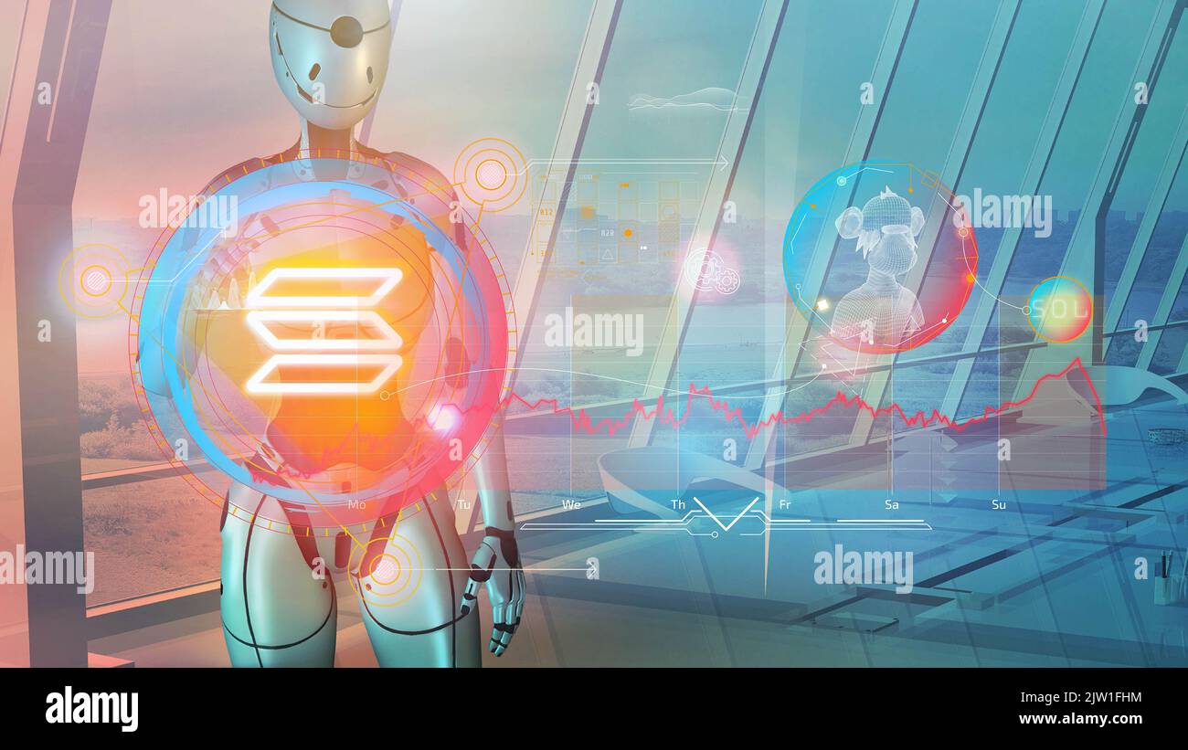 Robot and cryptocurrency panel with infographics, 3D render Stock Photo ...