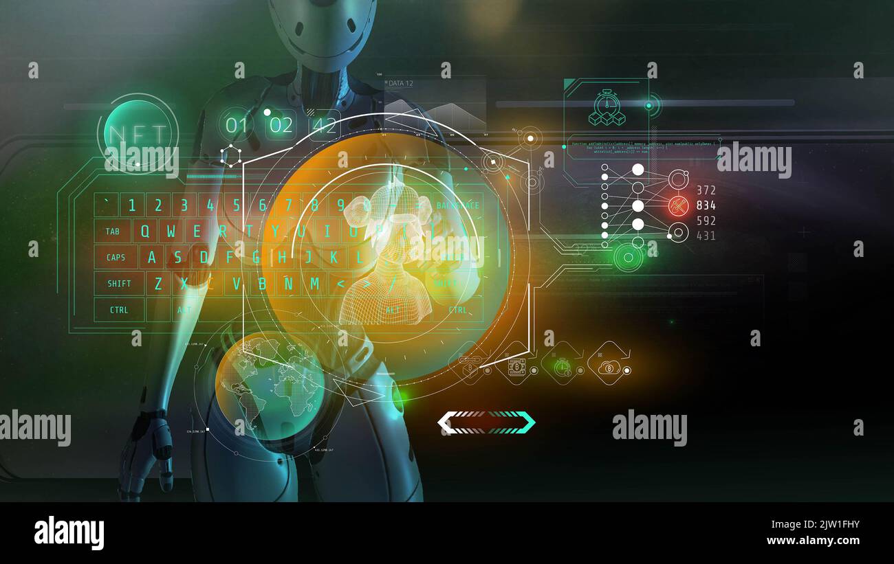 The robot works with the NFT virtual interface, 3D render Stock Photo ...