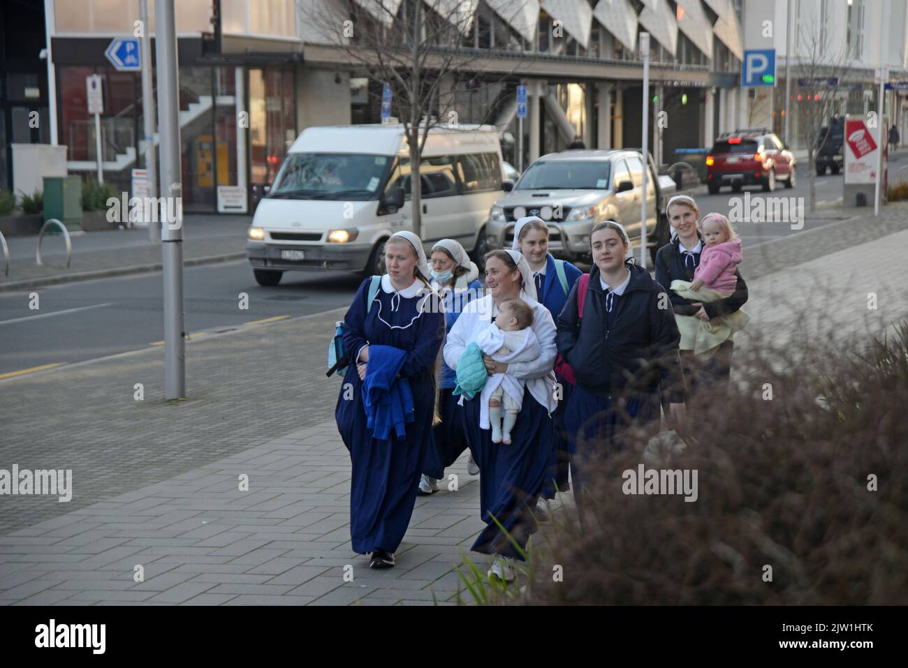 CHRISTCHURCH, NEW ZEALAND, AUGUST 29, 2022: Members of the Gloriavale ...