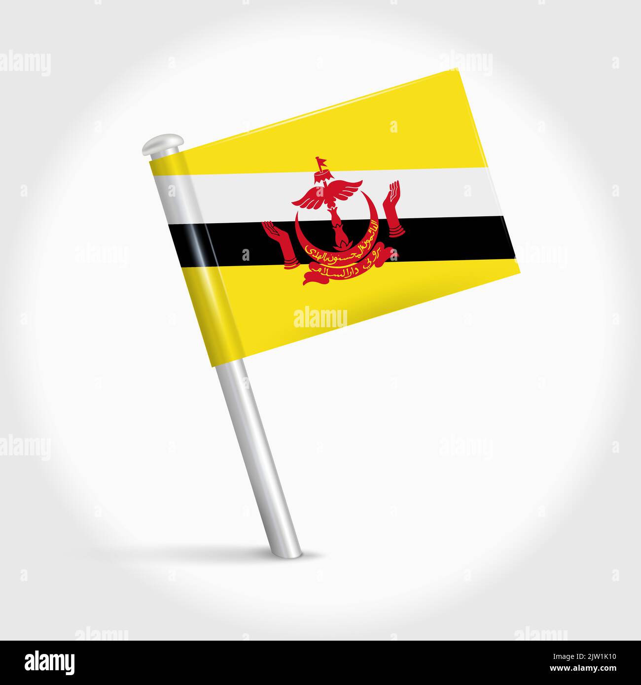 Brunei map pin flag icon. Bruneian pennant map marker on a metal needle. 3D realistic vector ...