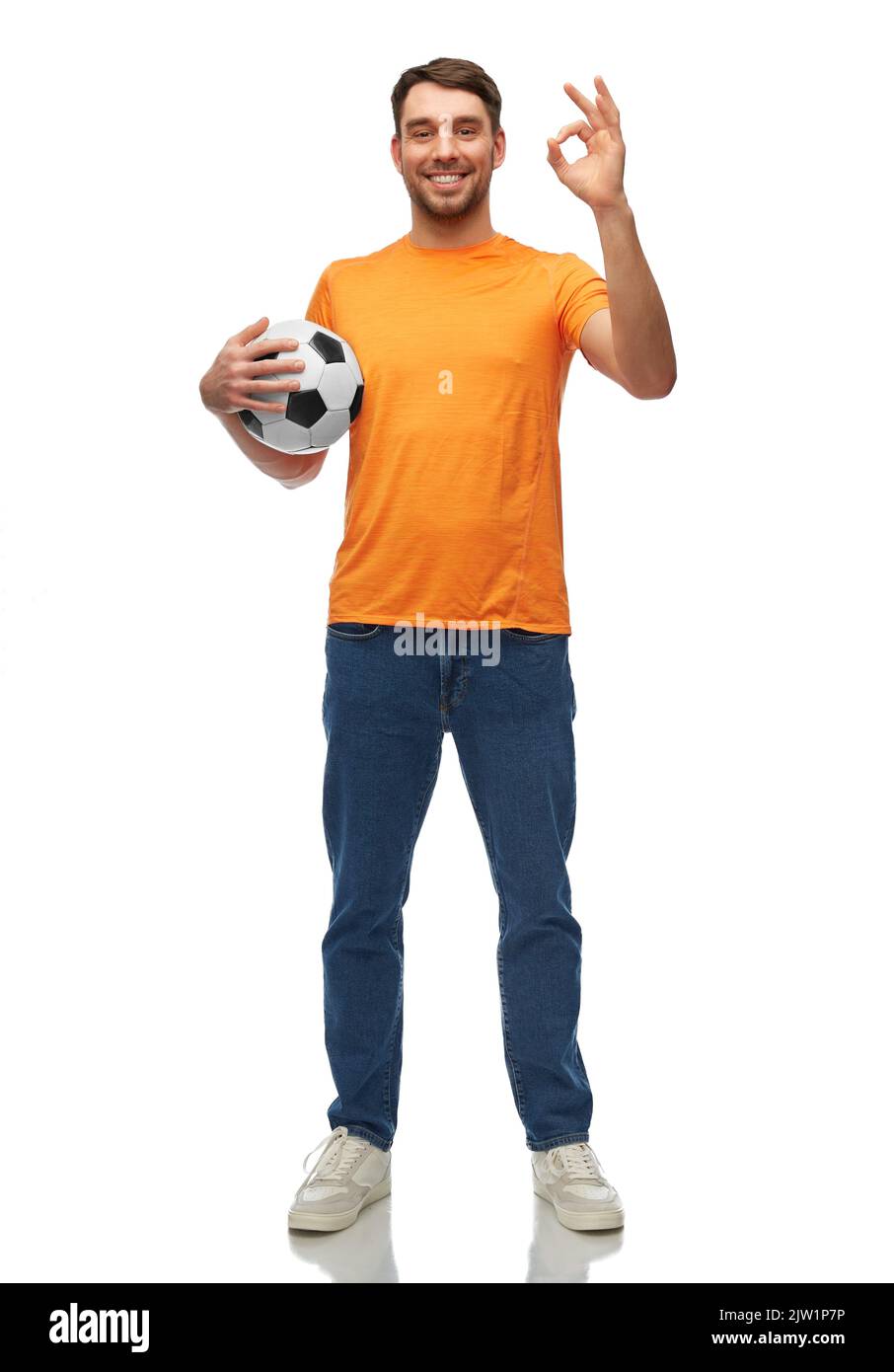 happy smiling man or football fan with soccer ball Stock Photo - Alamy
