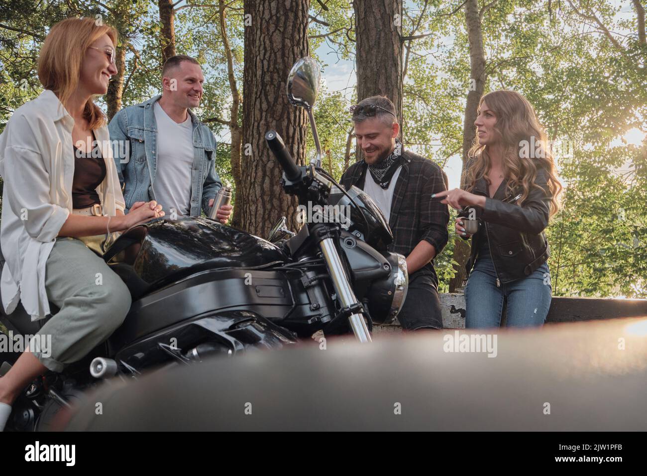 Meeting A company of friends of motorcyclists bikers on motorcycles ...