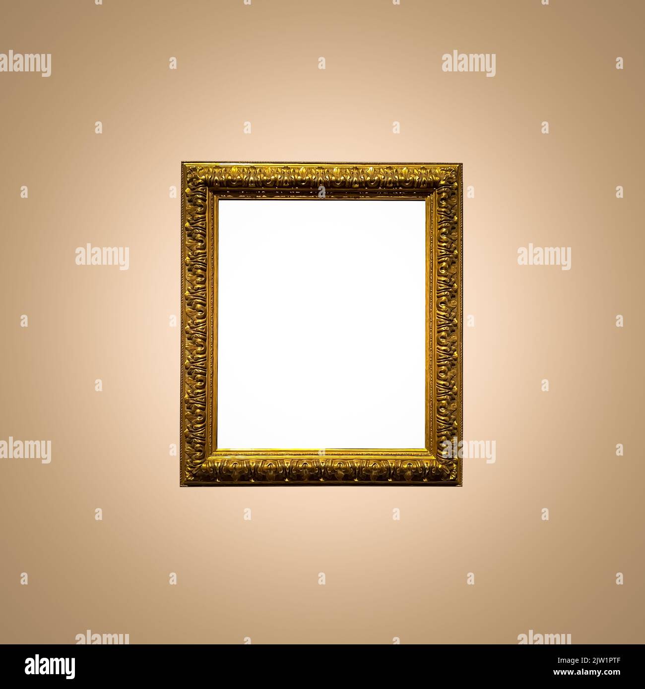 Antique art fair gallery frame on beige wall at auction house or museum ...