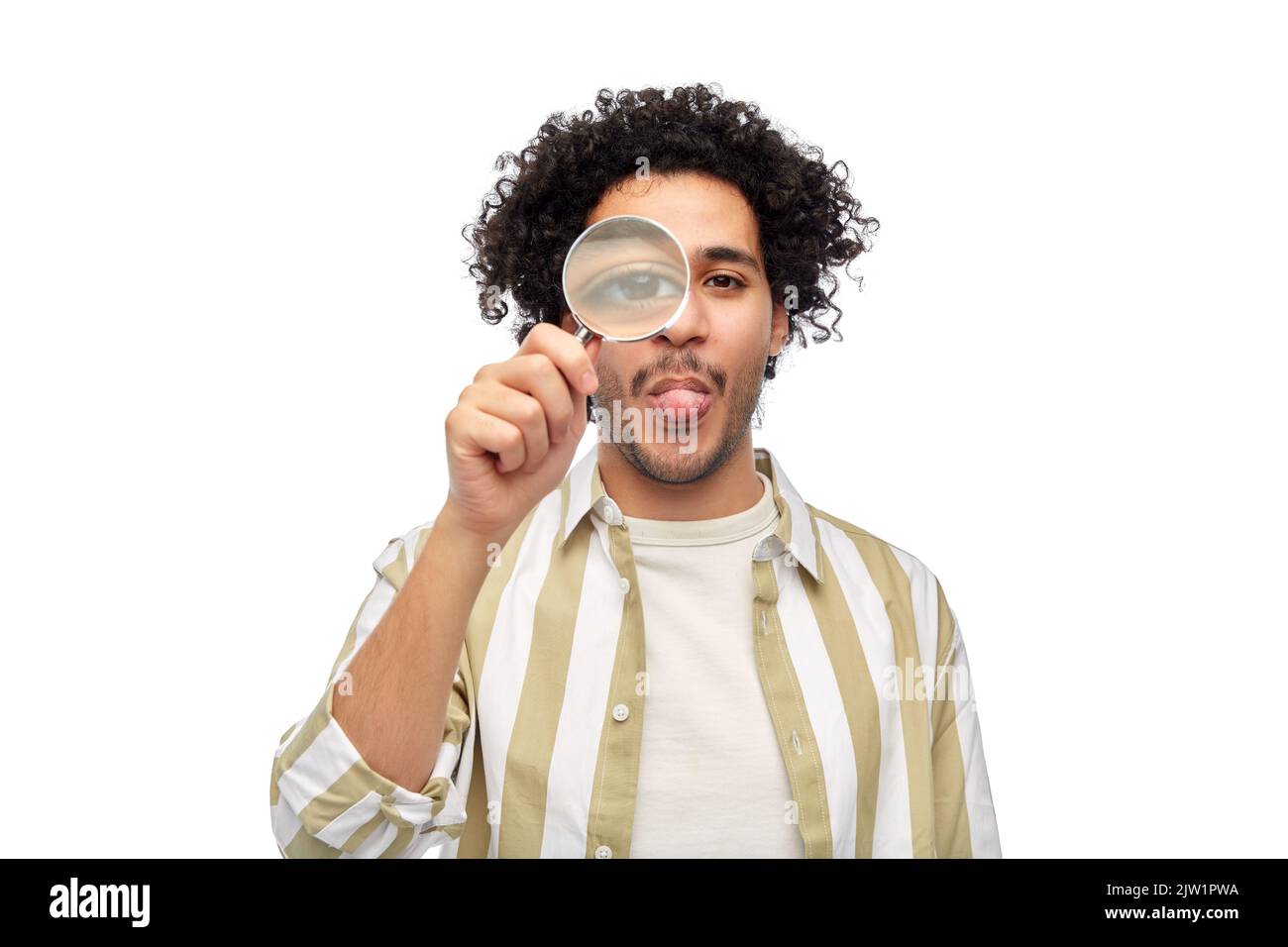 happy man looking through magnifying glass Stock Photo - Alamy