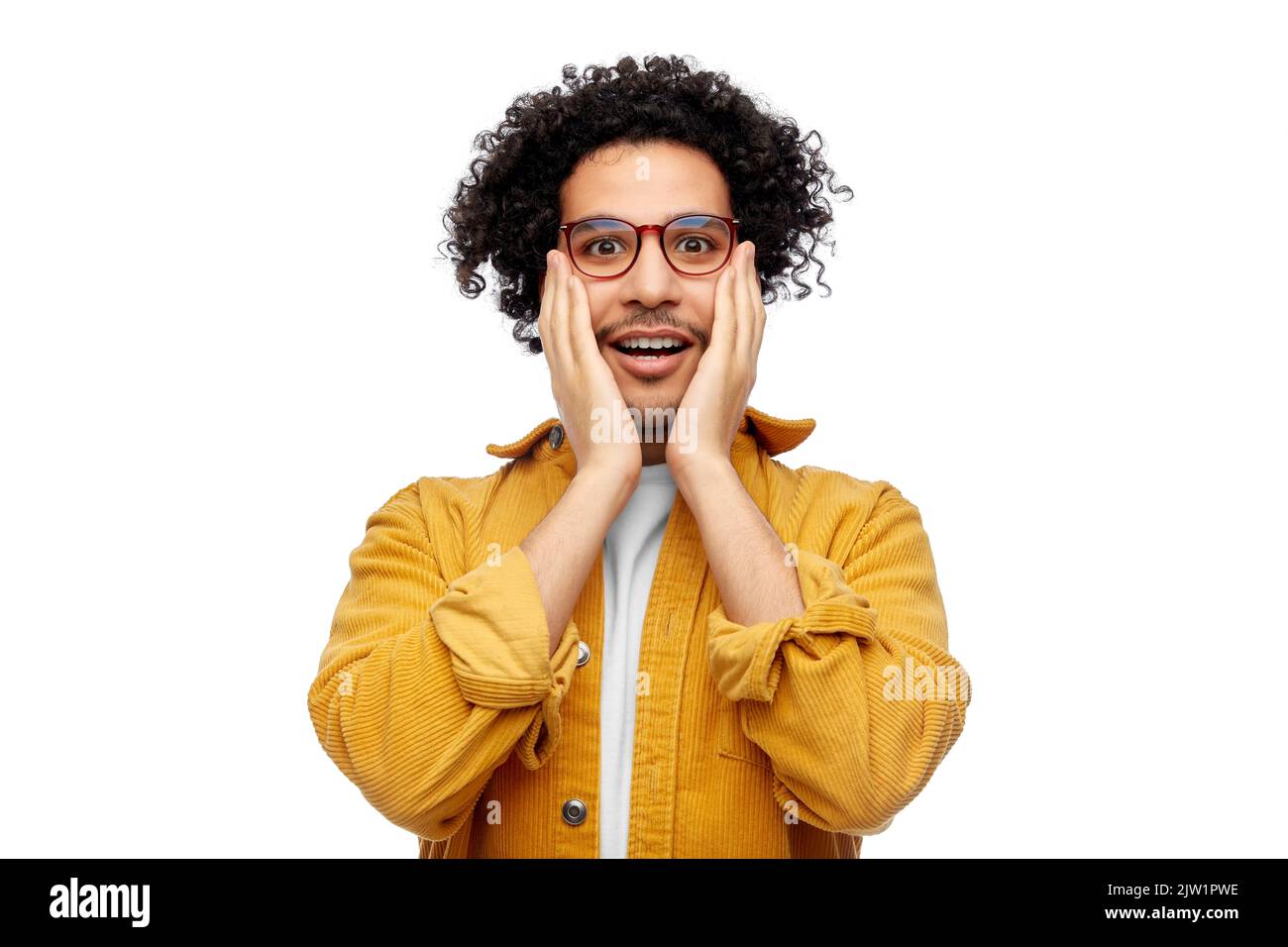 happy smiling man in glasses holding to his face Stock Photo - Alamy