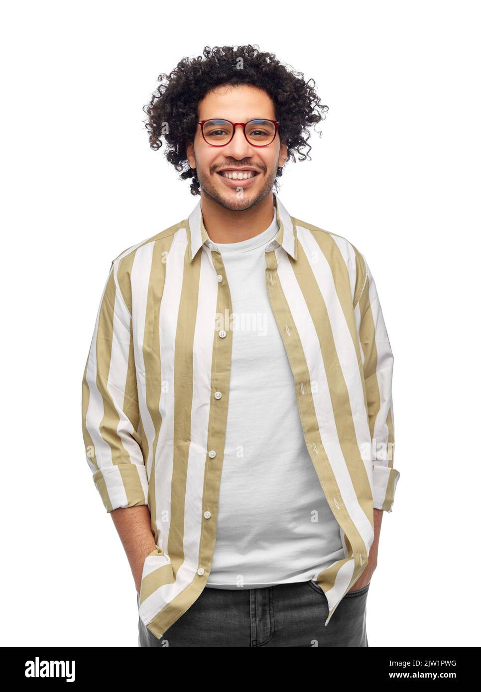 happy smiling man in glasses and striped shirt Stock Photo - Alamy