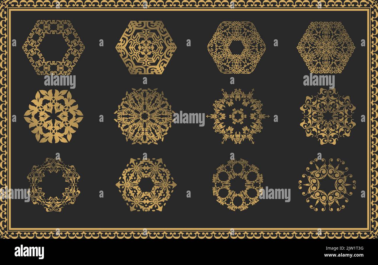 polygon shape gold mandala ornament set, Luxury floral ornament ...