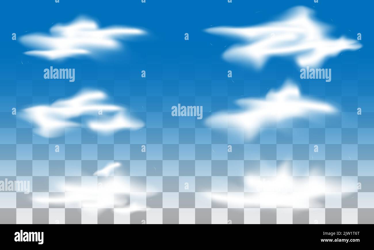 set of realistic white clouds, with various shapes and transparent blue ...
