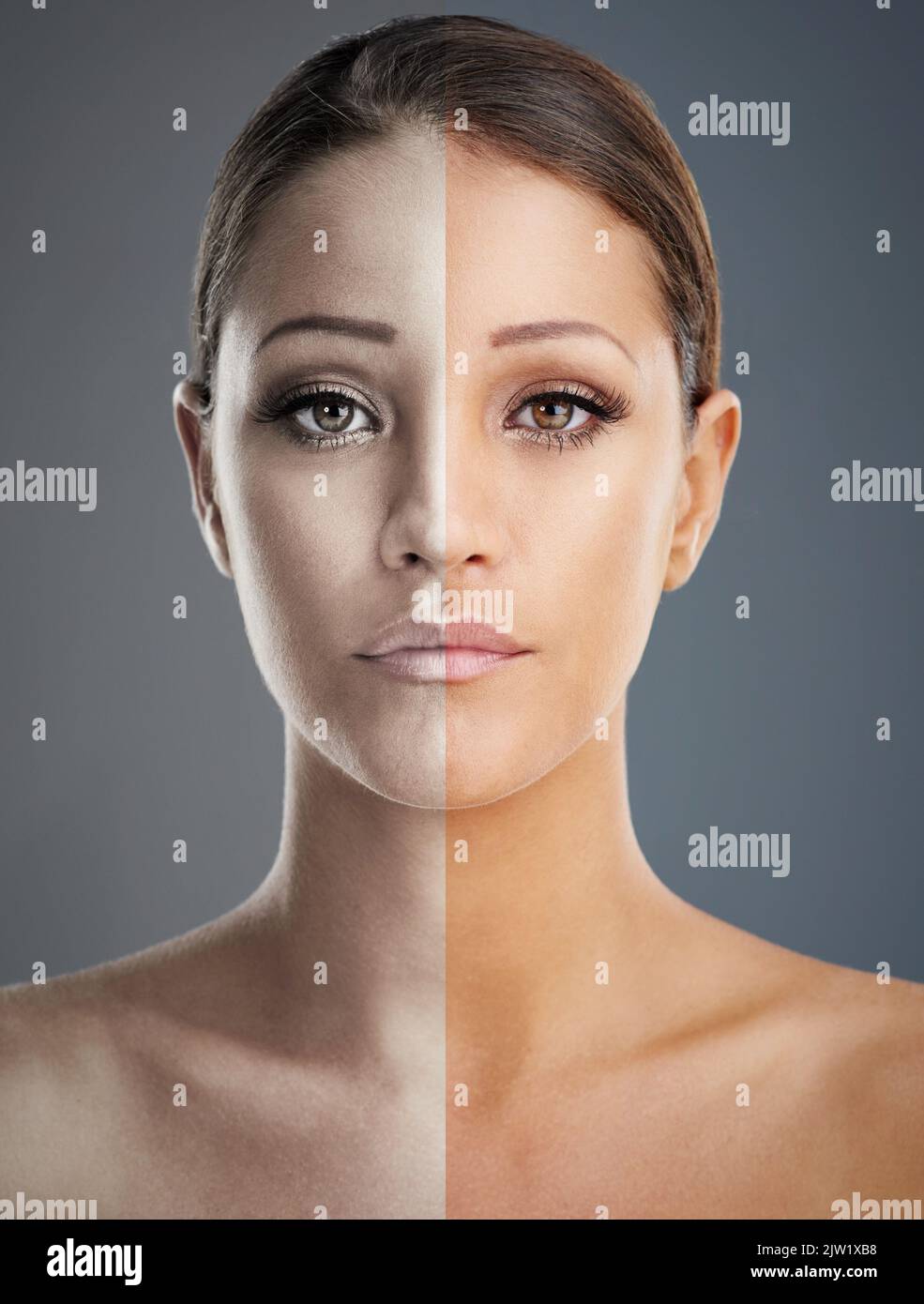 Holding back the hands of time. Composite shot of a woman with and ...