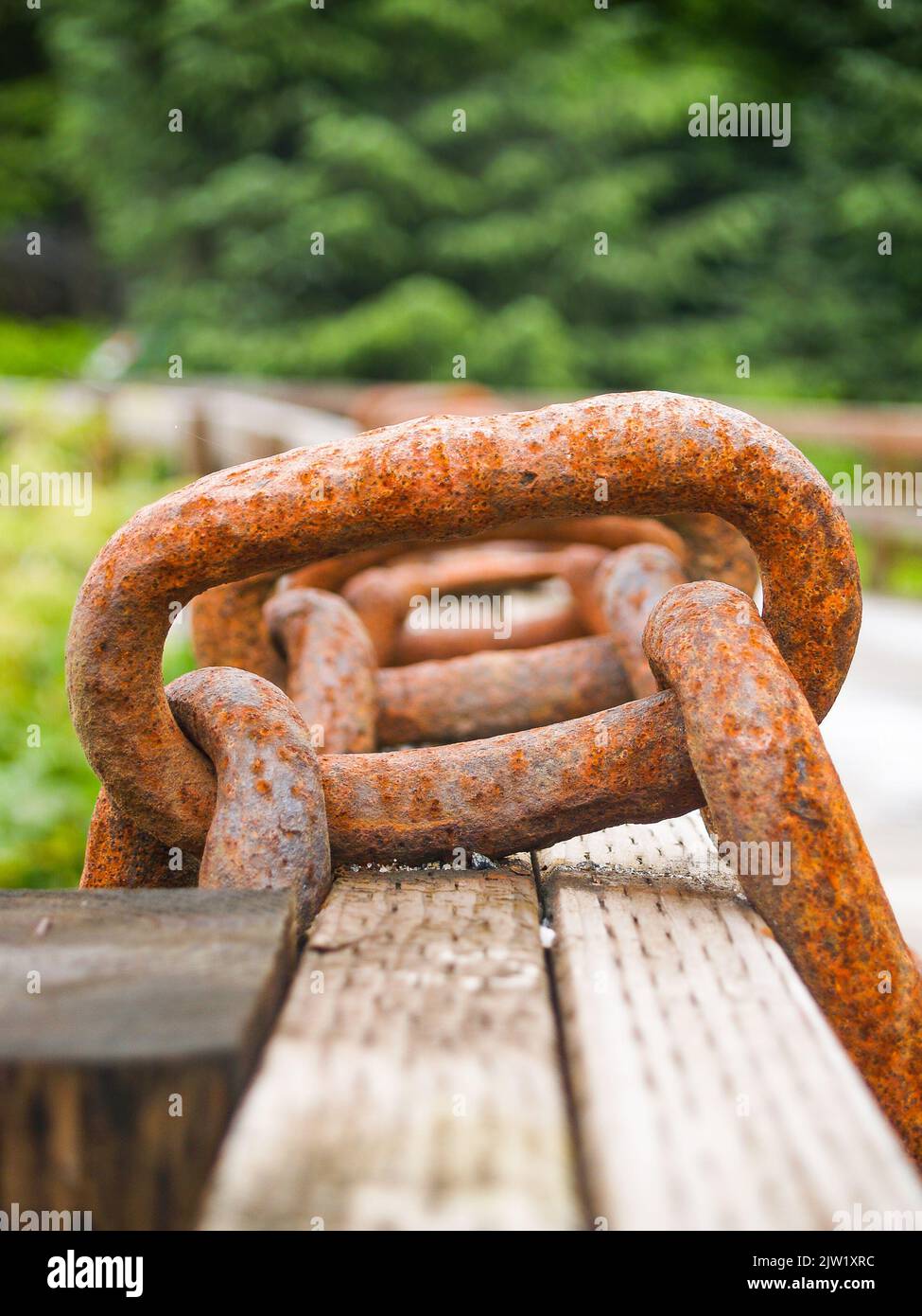 Large heavy rusty chain links hanging over fence in diminishing ...