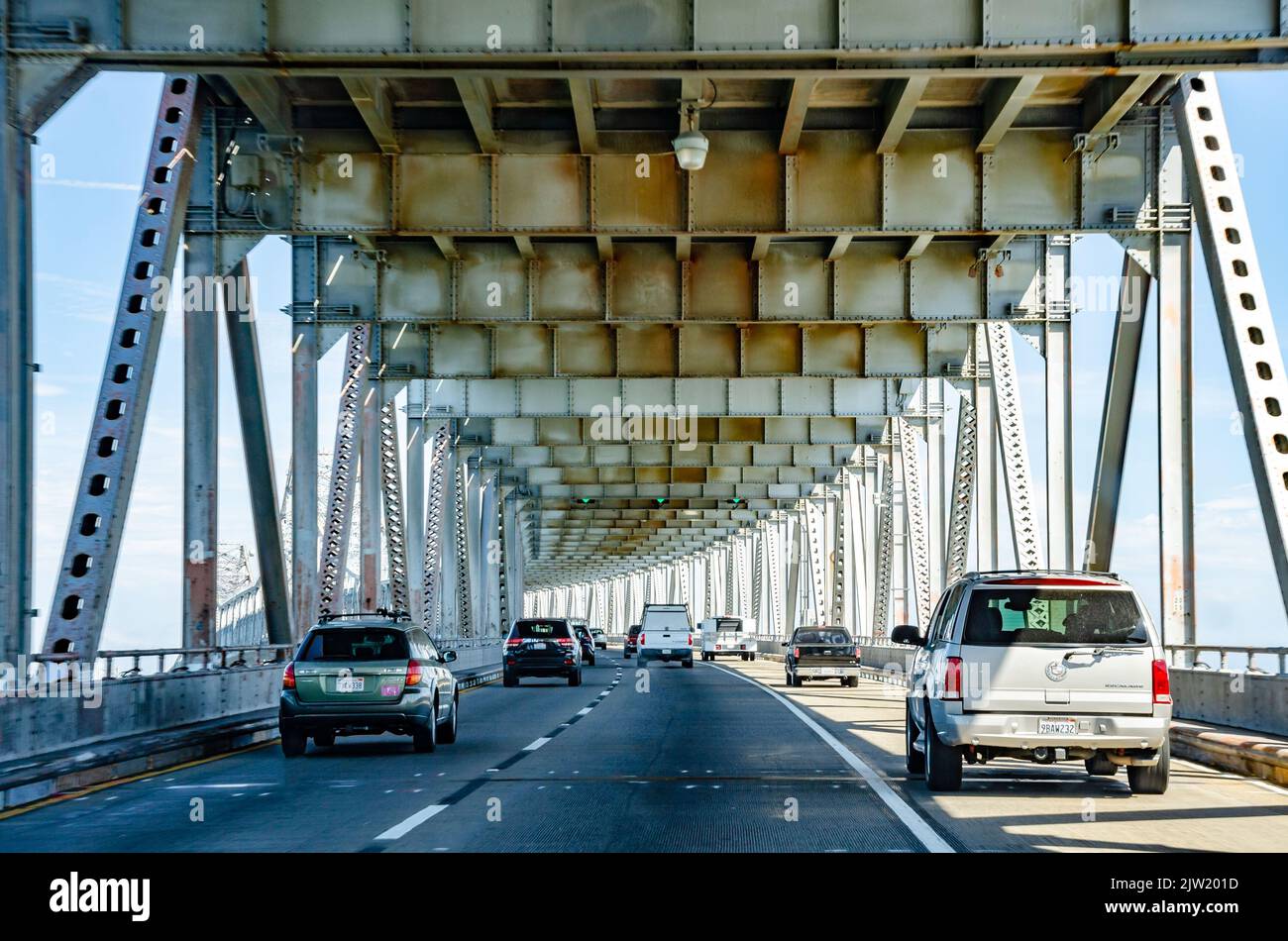Driving along The Richmond Bridge on the lower deck away form San ...