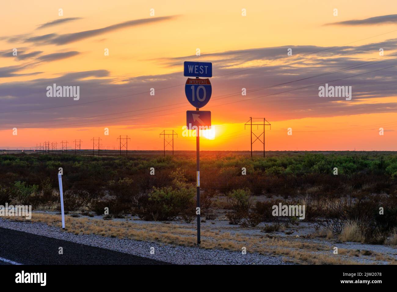 A shot of the I-10 roadsign at sunset in the west texas desert Stock ...