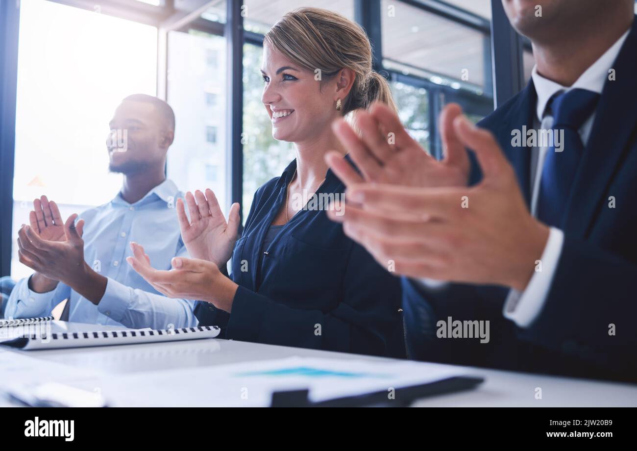 Teamwork training, workshop and clapping team in presentation, business meeting or office ...