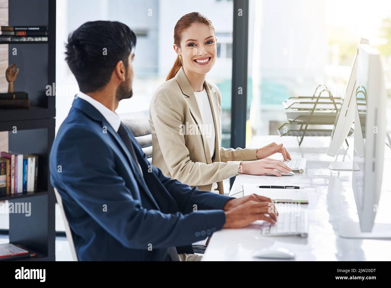 Computer literacy is essential in the modern office. two businesspeople ...