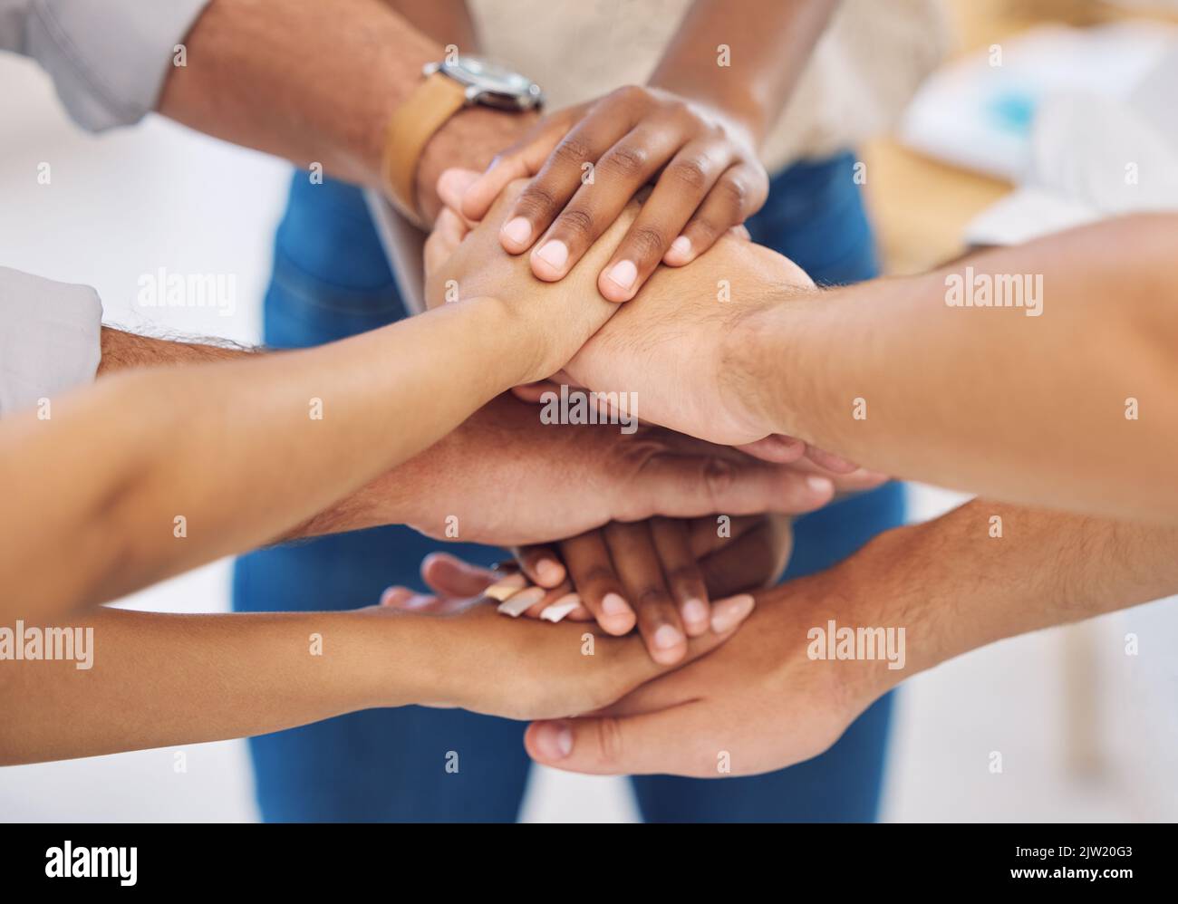 Team building, collaboration and hands of business people in motivation ...