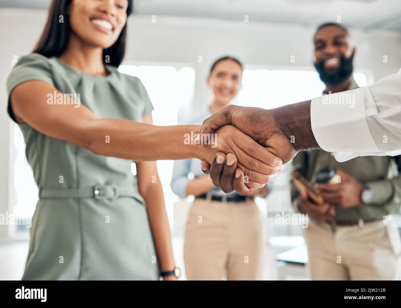 Handshake, teamwork and collaboration with the hands of business people in agreement, deal or ...