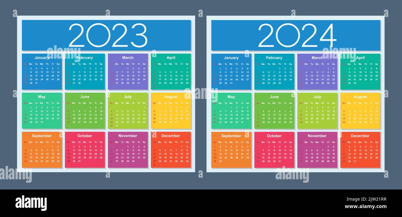 Colorful calendar for 2023 and 2024 years. Week starts on Sunday ...