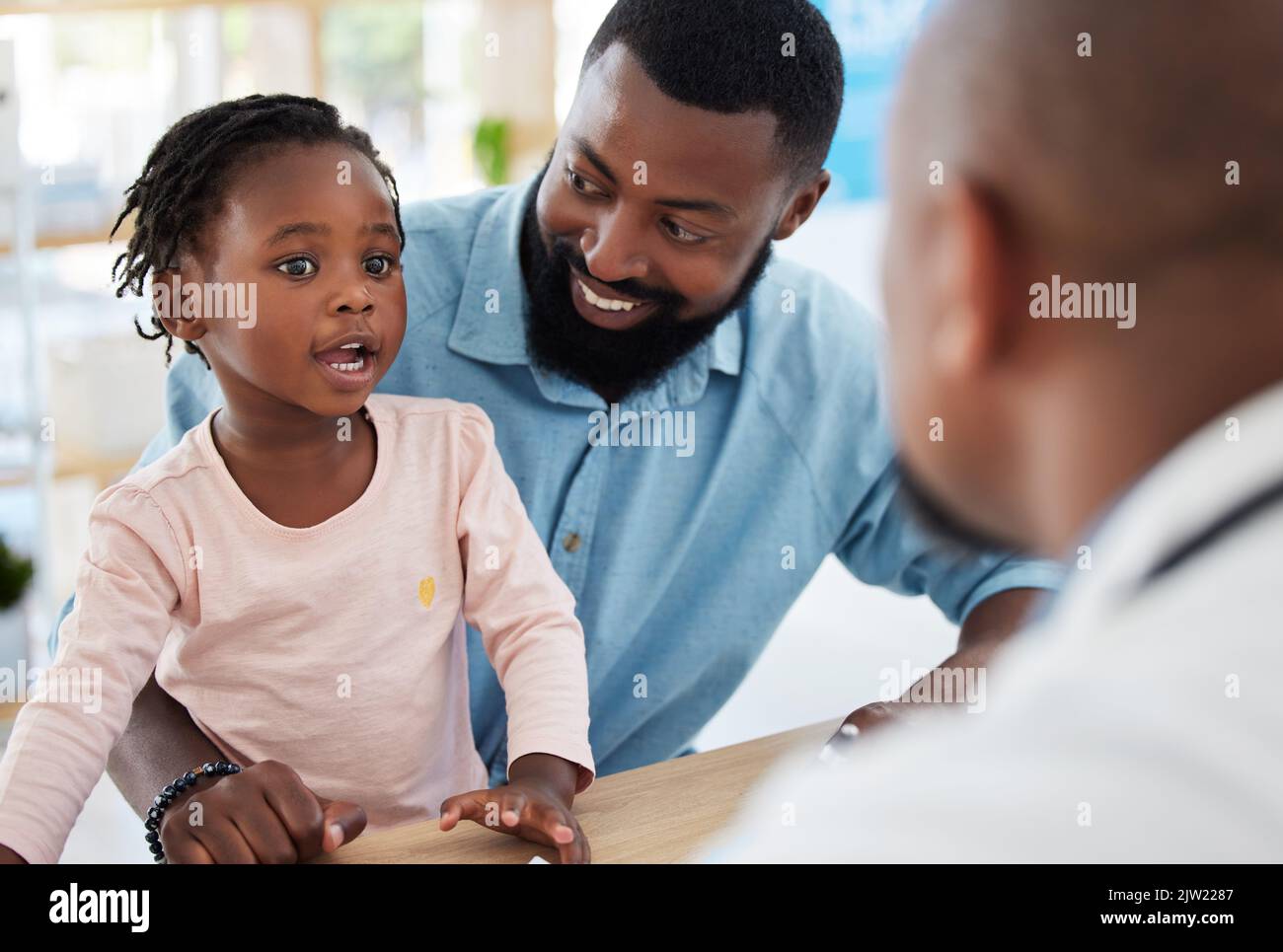 Kids doctor, black family and consulting hospital worker in medical ...