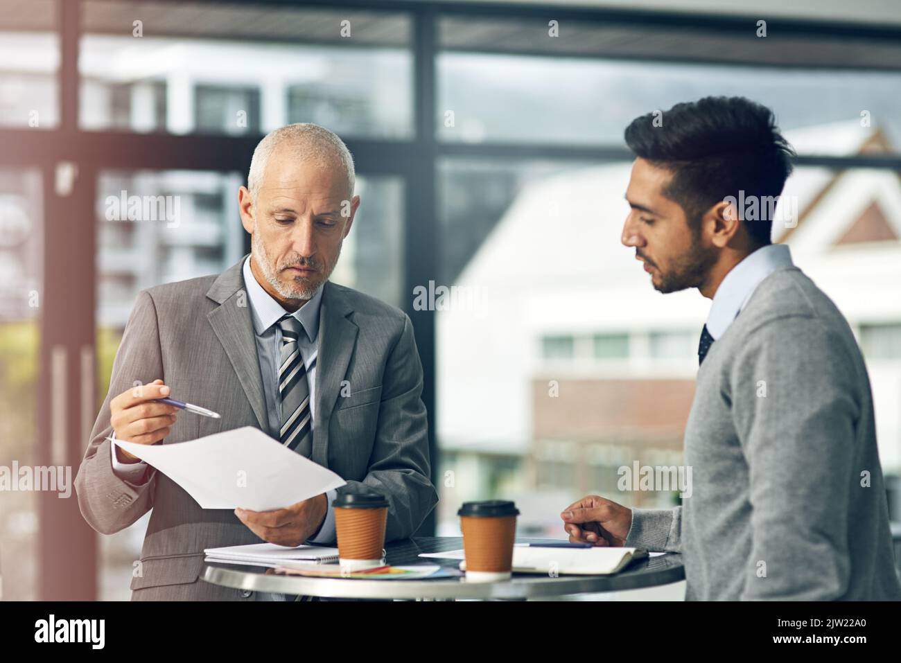 This is the proposal Ive drawn up. two businessmen looking over some ...