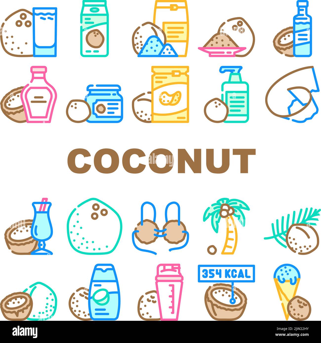 coconut coco fruit white tropical icons set vector Stock Vector Image ...