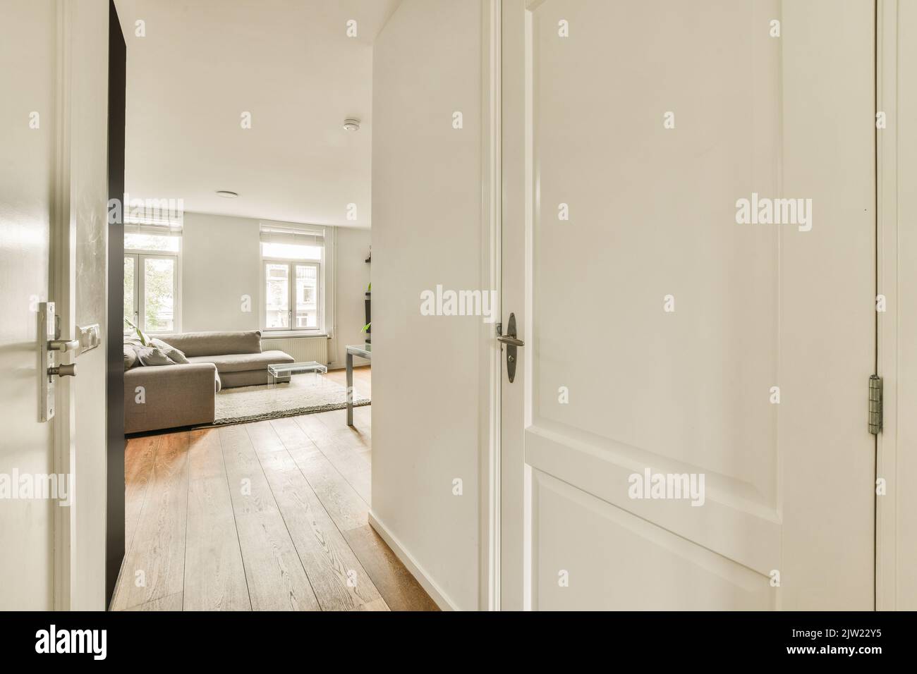 Light narrow hallway with many doors in white walls and glowing lamp ...