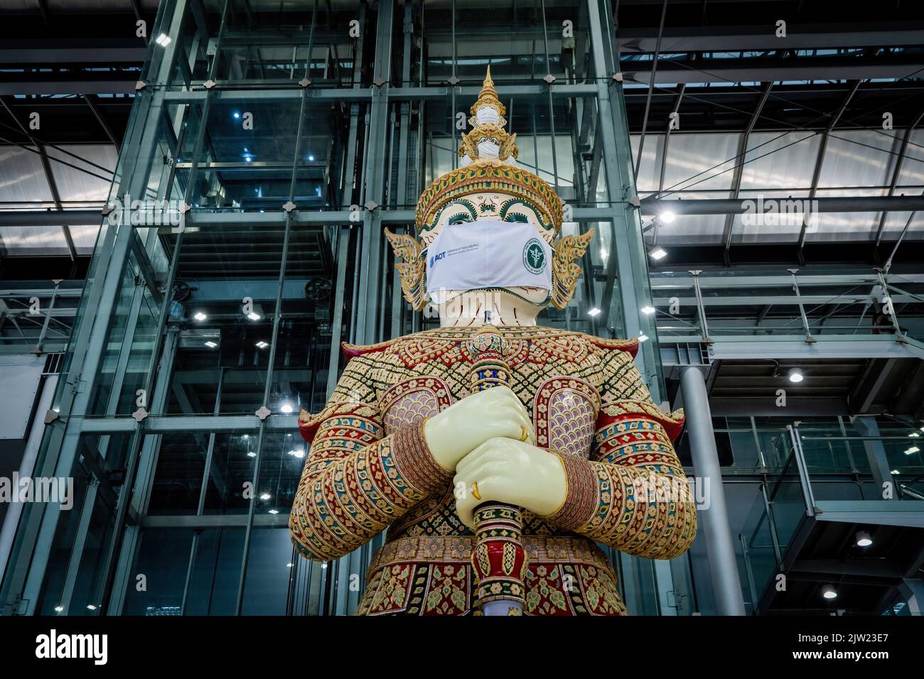 A masked Ramayana statue is seen inside the international departures ...