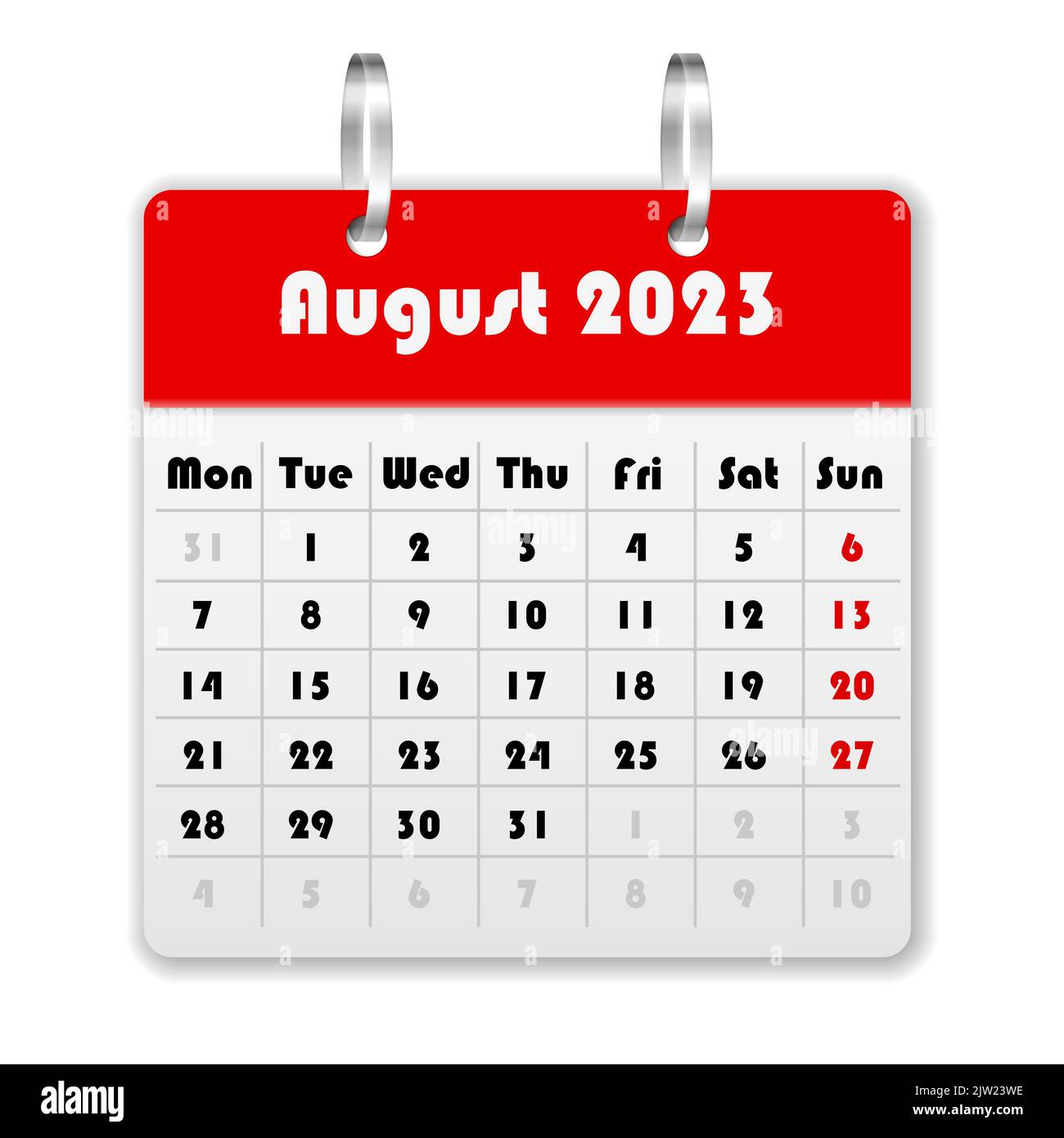 Calendar August 2023 on a white background. Vector illustration Stock ...
