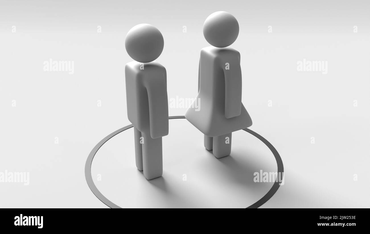 rendered simple-3D scene of male and female icon facing each other with ...