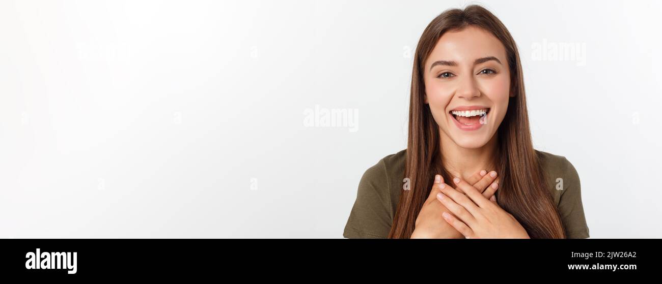 Portrait joyful outgoing woman likes laugh out loud not hiding emotions ...