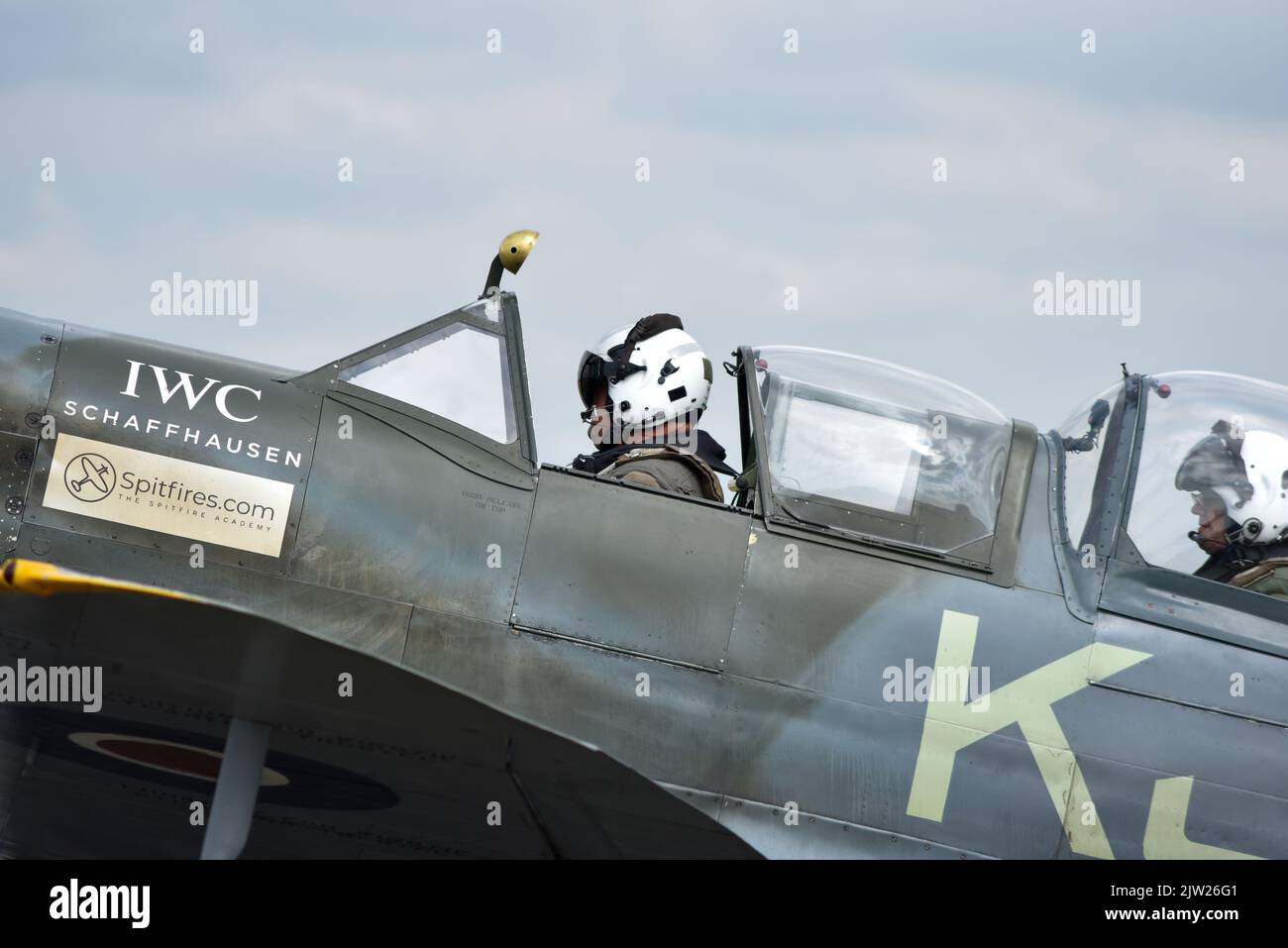 SM250 twin seat Spitfire taxiing on the runway of Solent airport. Both ...