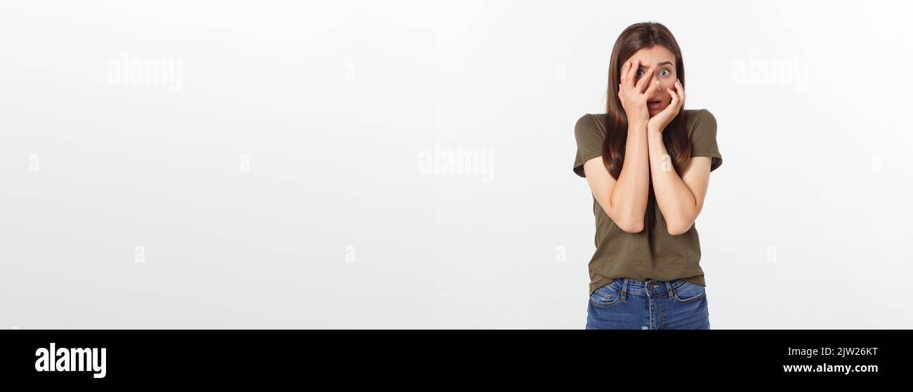 Close up photo beautiful lady arms hands raised hiding amazed full fear ...