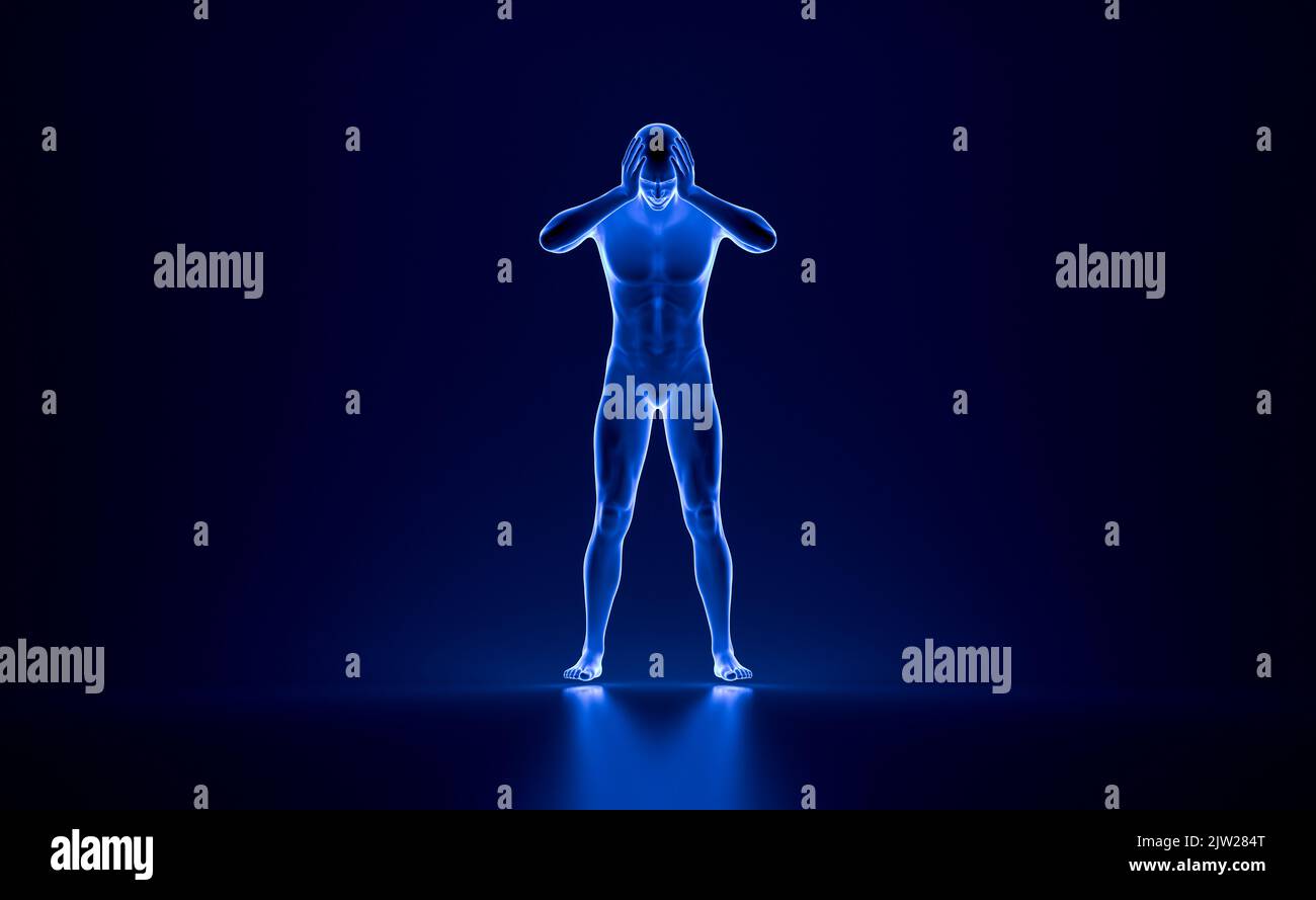 Technological human hologram of a male standing with hands holding his ...