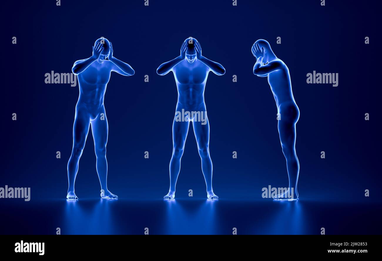 Technological human hologram of a male standing with hands holding his ...