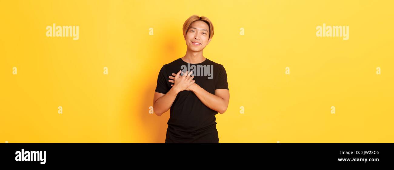 Portrait of touched handsome asian guy holding hands on heart and ...