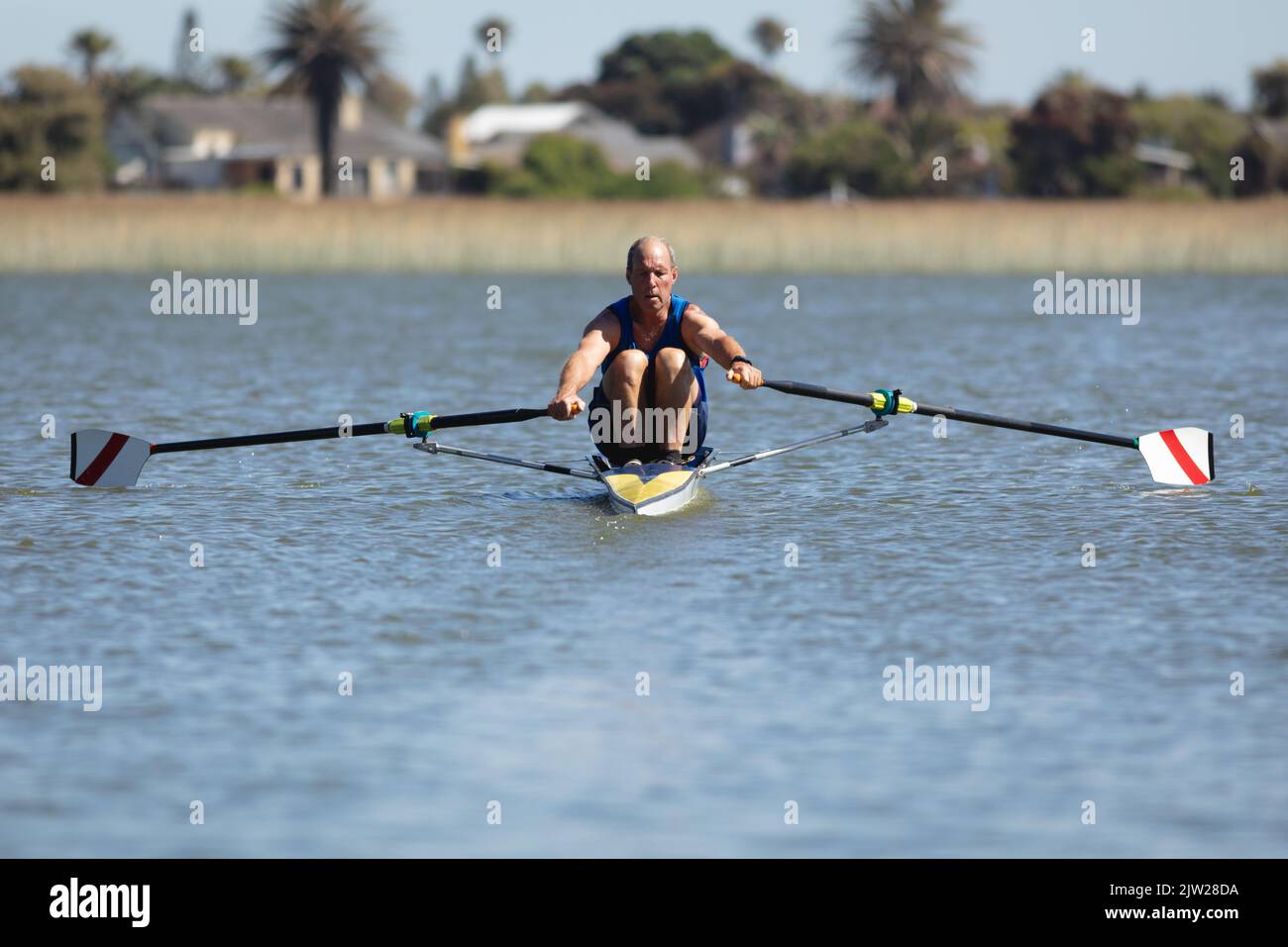 Senior caucasian male rower rowing the boat on the lake Stock Photo - Alamy
